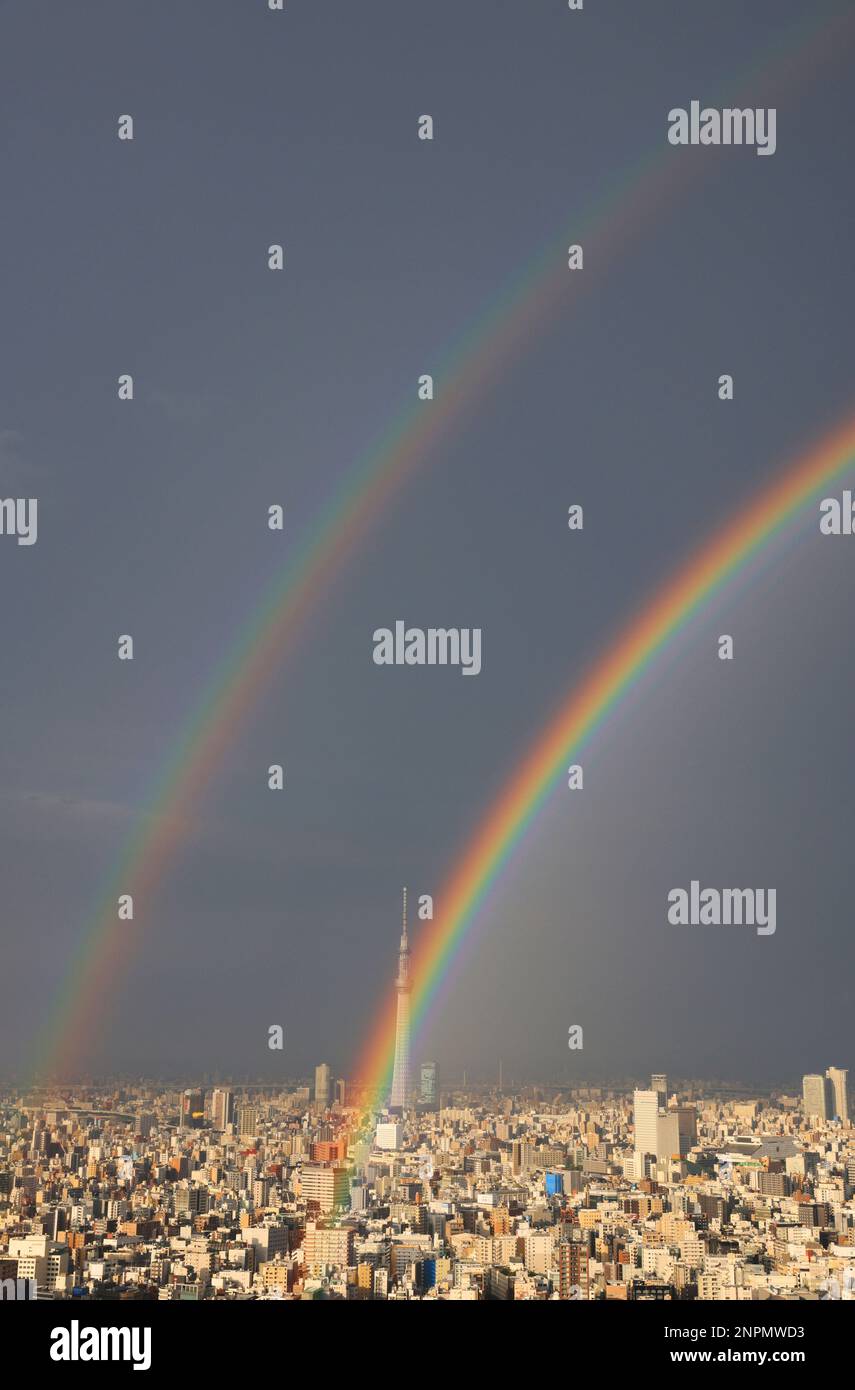 Two arches of rainbow appear after a heavy rain above Tokyo Skytree in ...