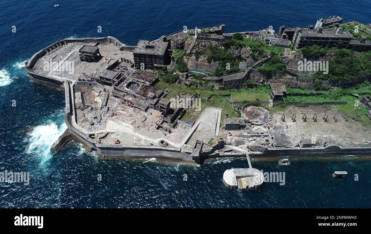 A drone photo shows Hashima Island (Gunkanjima / Battleship Island) in ...