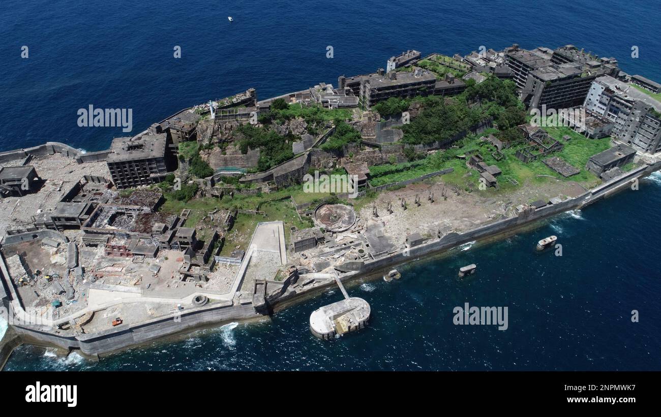 A drone photo shows Hashima Island (Gunkanjima / Battleship Island) in ...