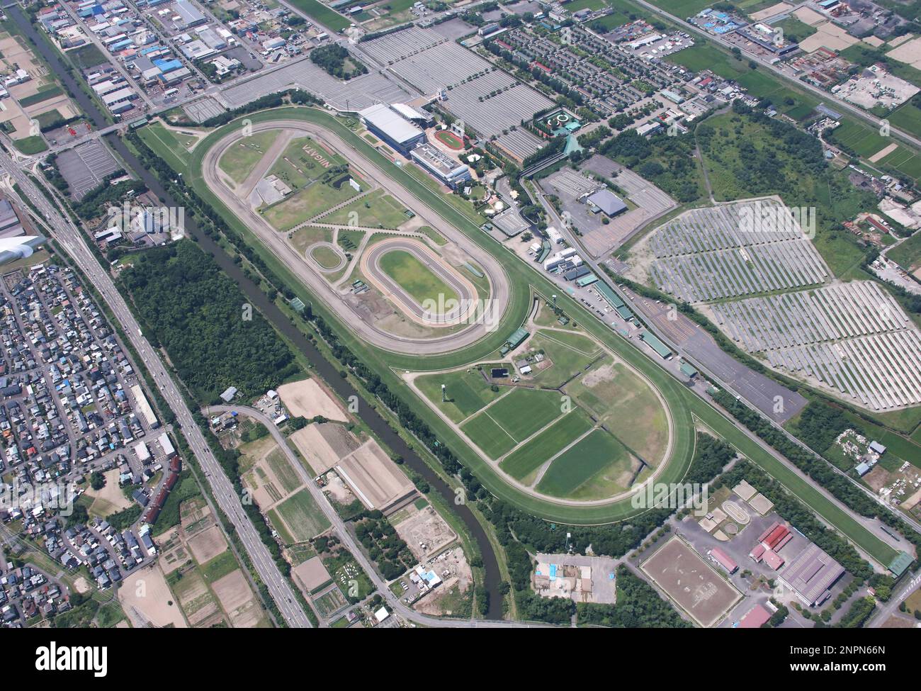 An aerial photo shows Niigata Racecourse where races are held on ...