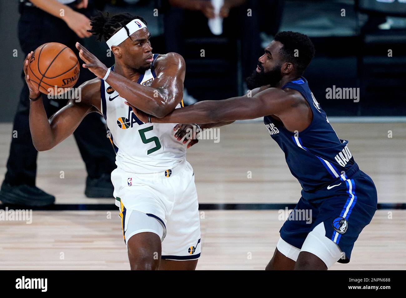 Utah Jazz's Jarrell Brantley (5) passes around Dallas Mavericks' Tim ...