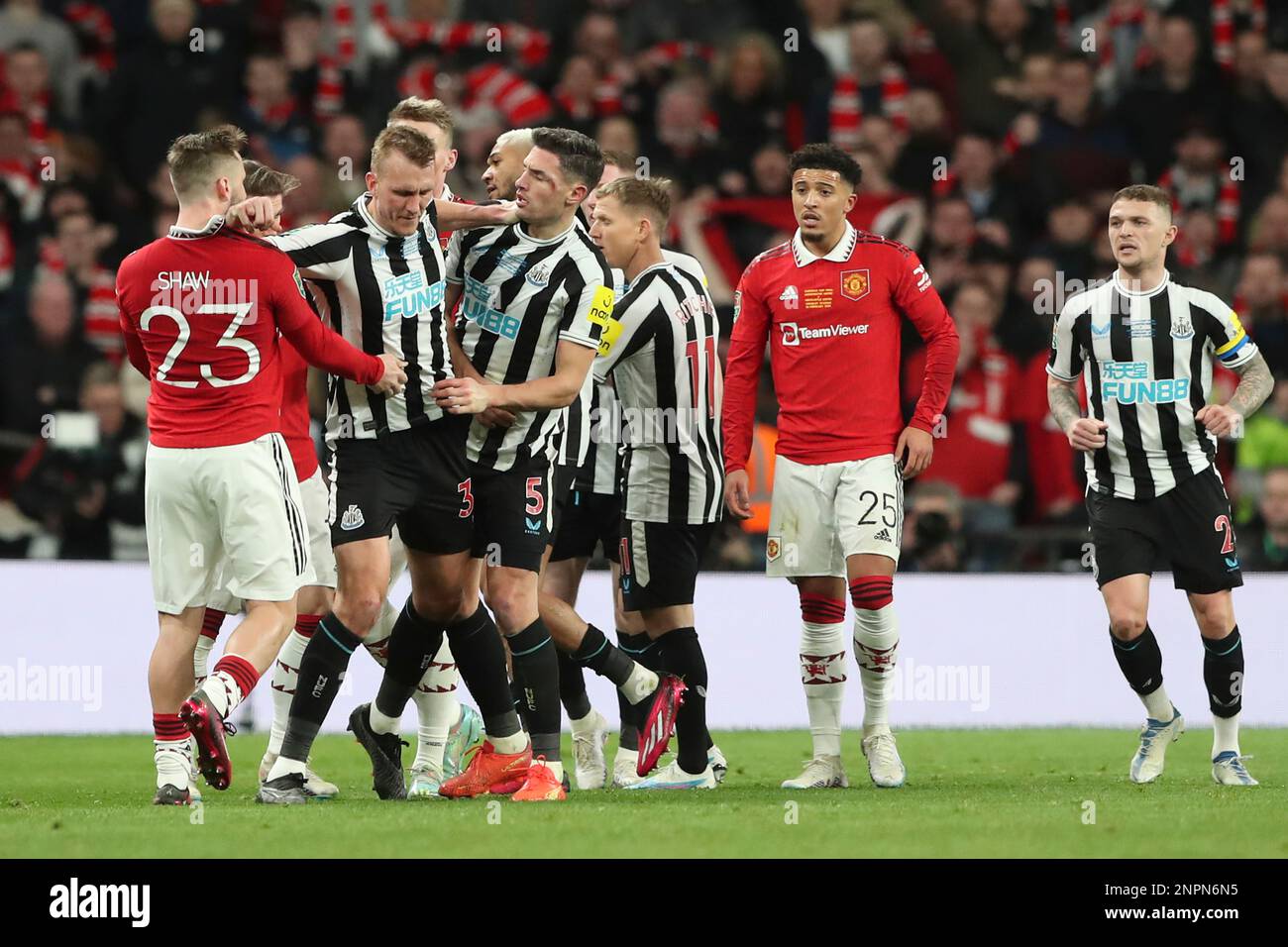 Manchester United's Luke Shaw, left, scuffles with Newcastle's Fabian ...