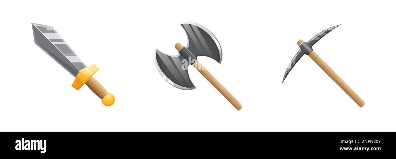 Game UI assets set. Gaming user interface weapon icons collection ...