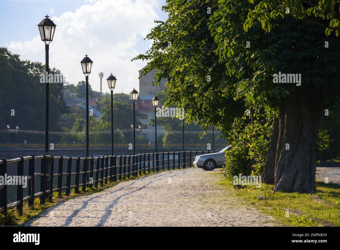 embankment of the old town with lanterns. outdoor scenery of downtown ...