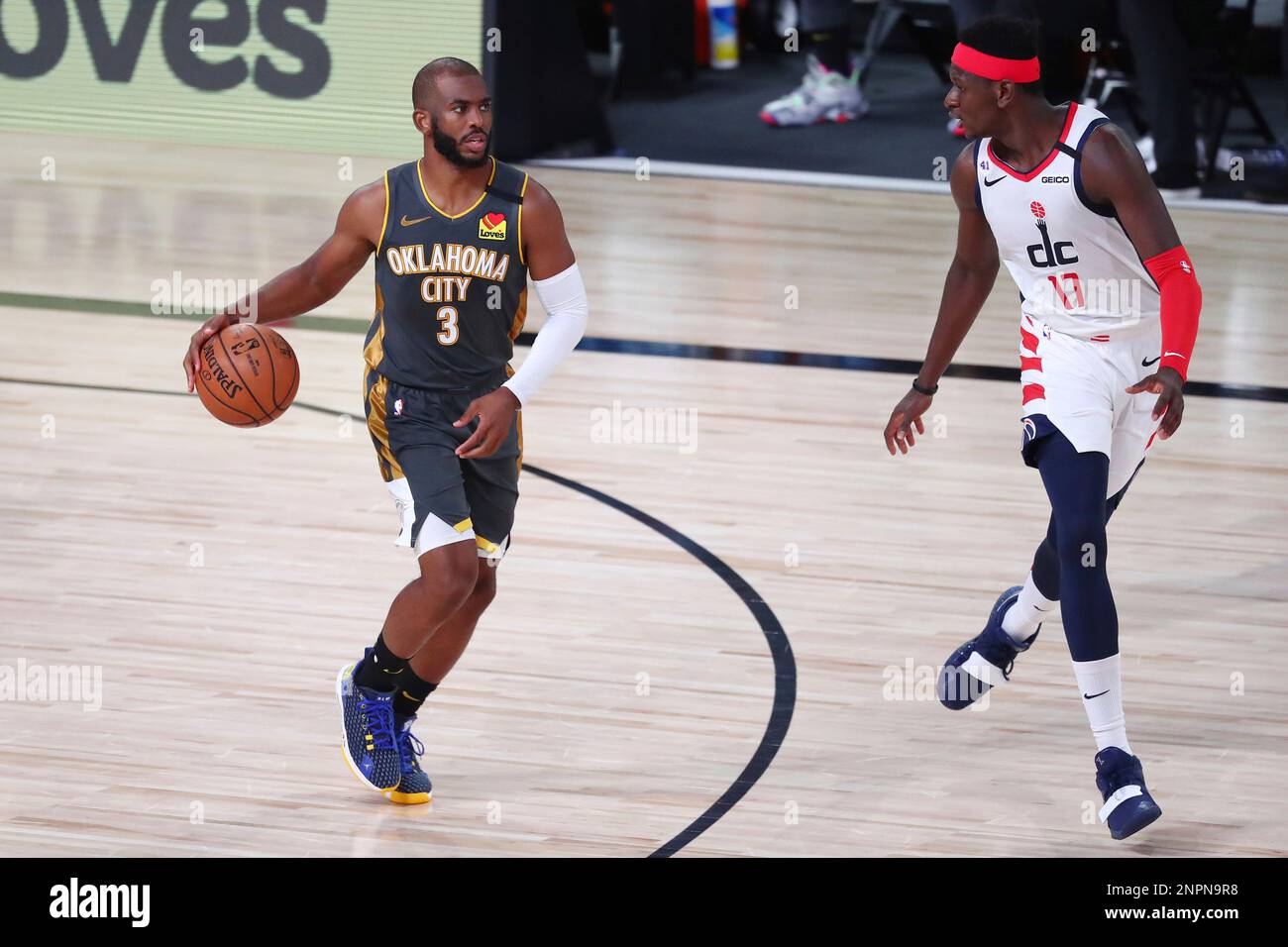 Oklahoma City Thunder guard Chris Paul (3) brings the ball upcourt ...