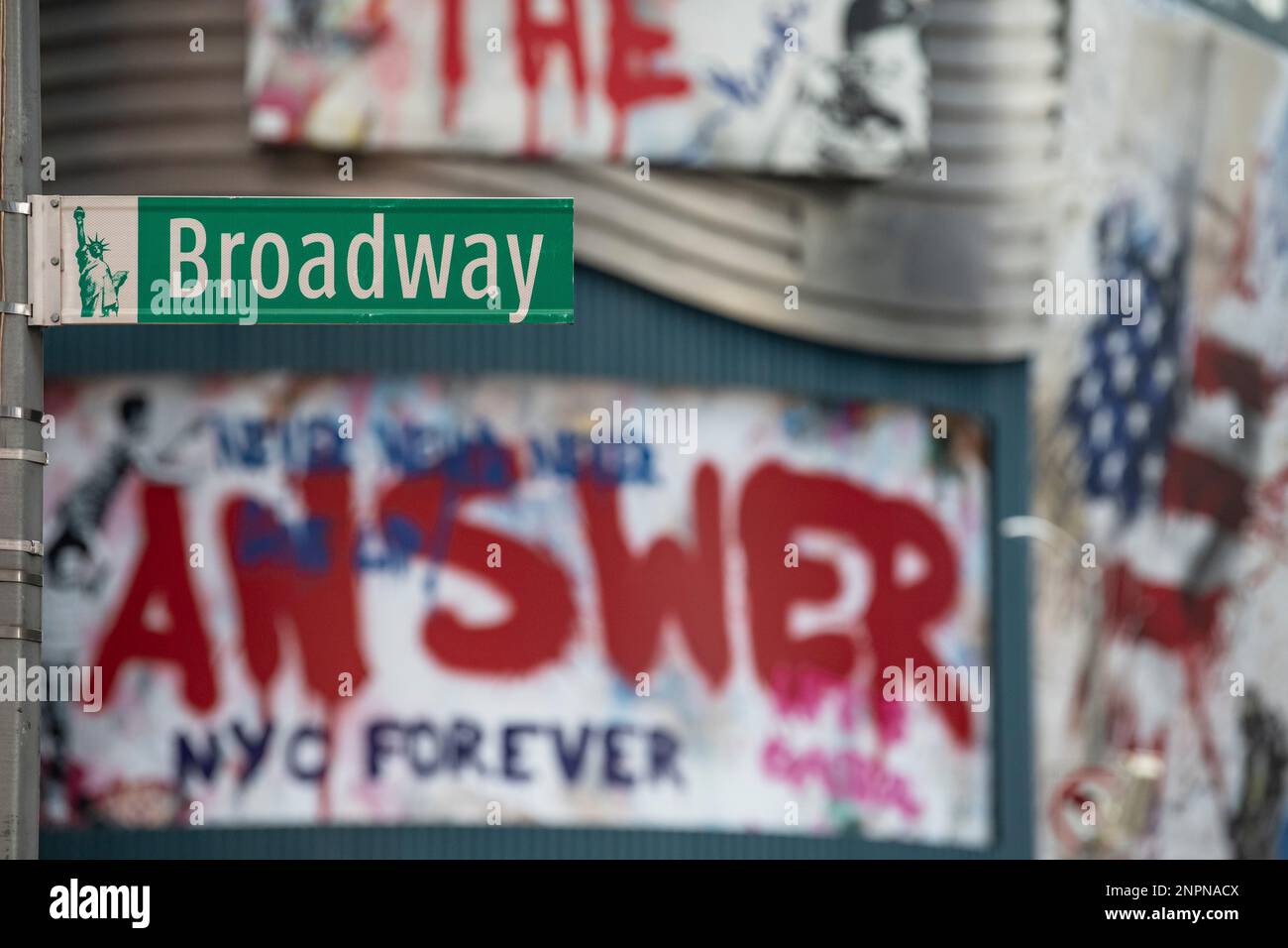 August 08, 2020: An overall view of a Broadway street sign with NYC ...