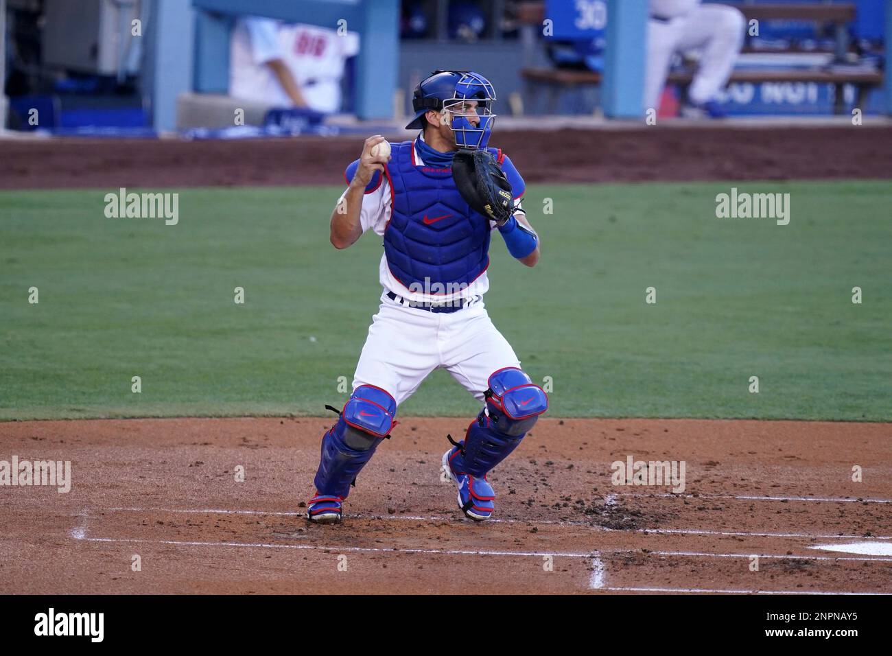 Los Angeles Dodgers catcher Austin Barnes (15) throws the ball during a ...