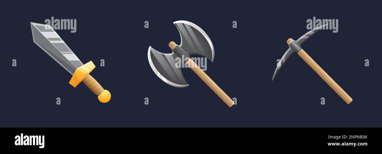 Game UI assets set. Gaming user interface weapon icons collection ...