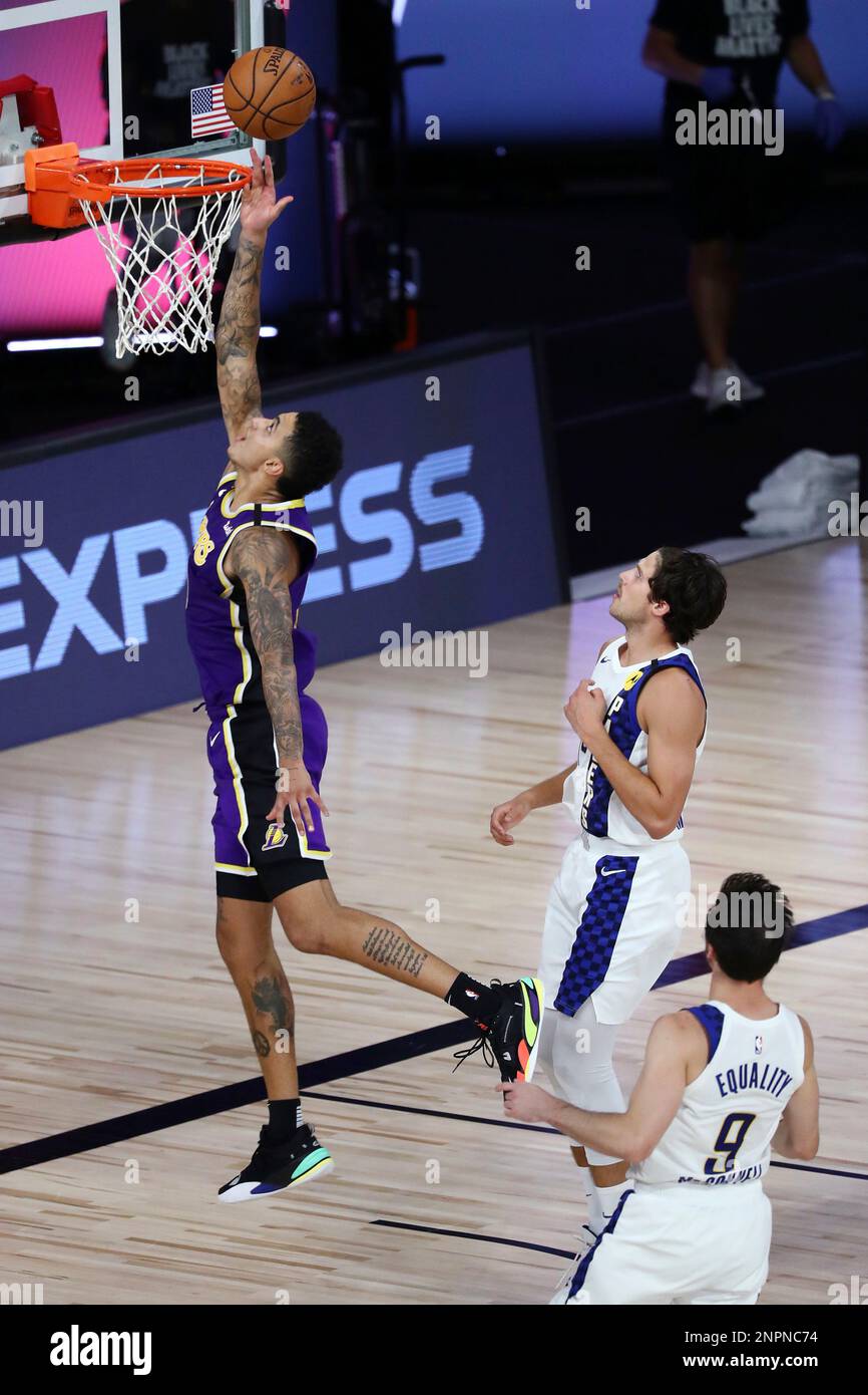Los Angeles Lakers forward Kyle Kuzma (0) shoots in front of Indiana ...