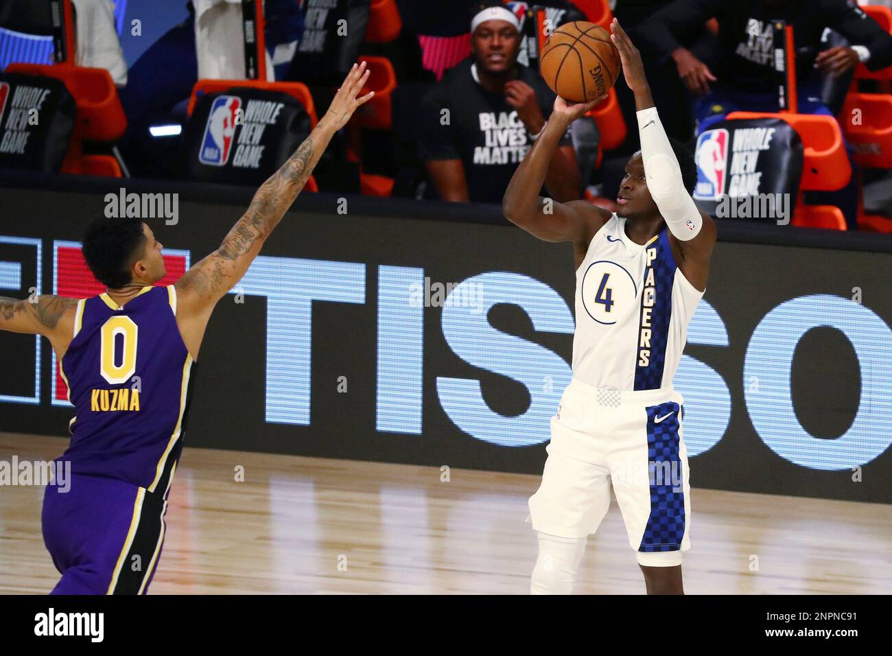 Indiana Pacers guard Victor Oladipo (4) shoots as Los Angeles Lakers ...