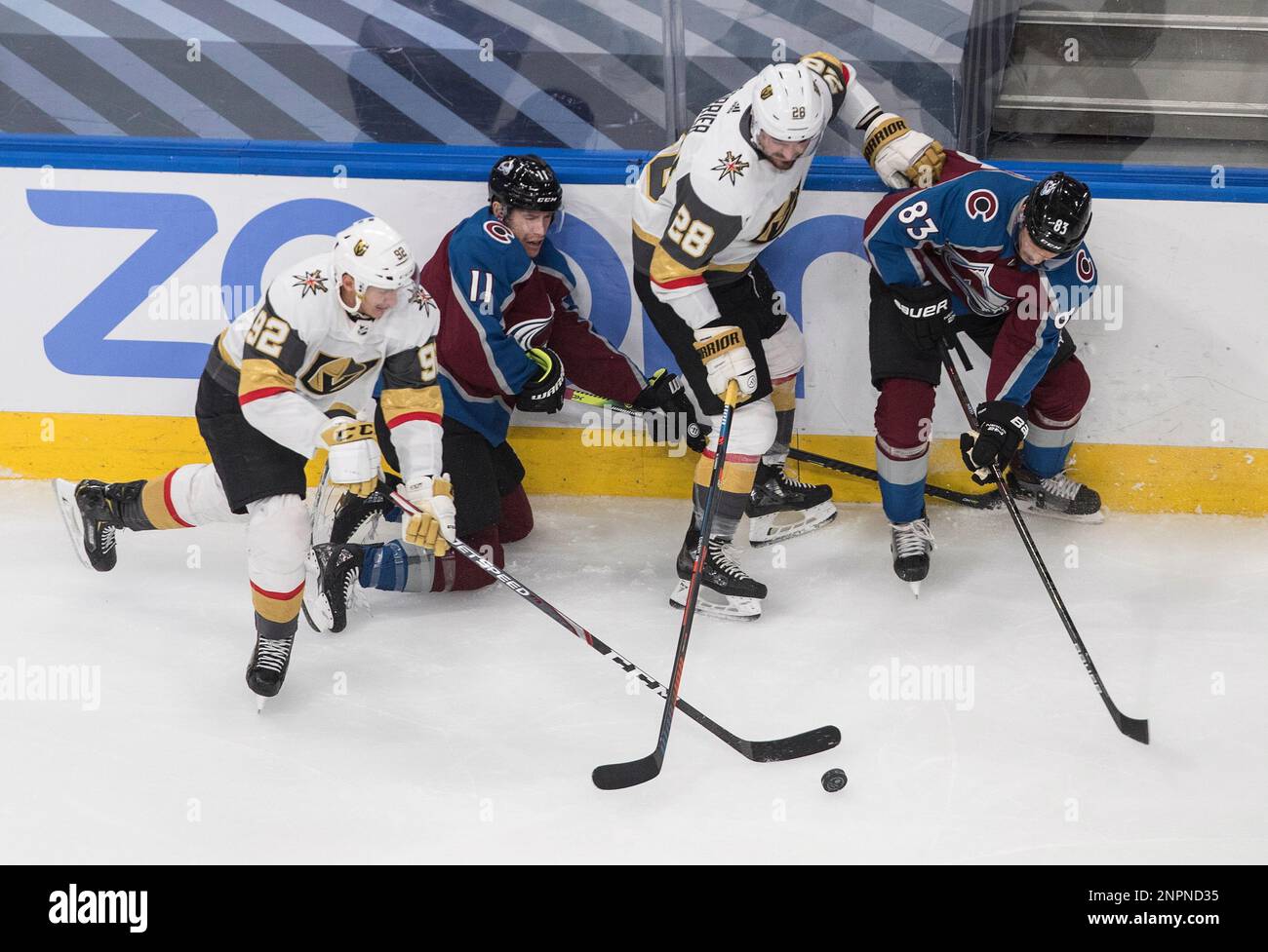 Colorado Avalanche's Matt Calvert (11) Matt Nieto (83) battle for the ...