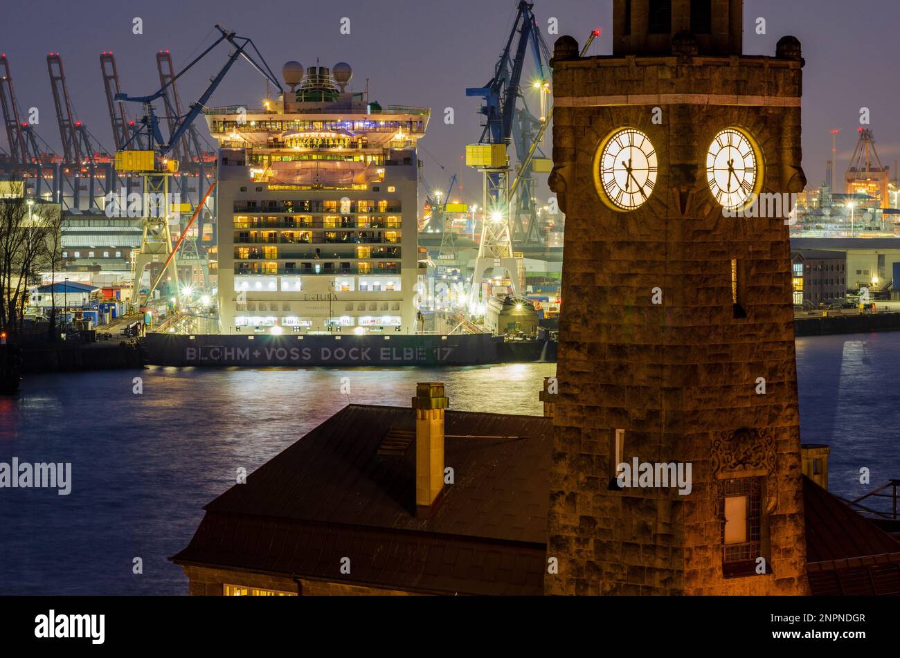 Hamburg, Germany: St. Pauli Landungsbruecken clock tower and Hamburg ...