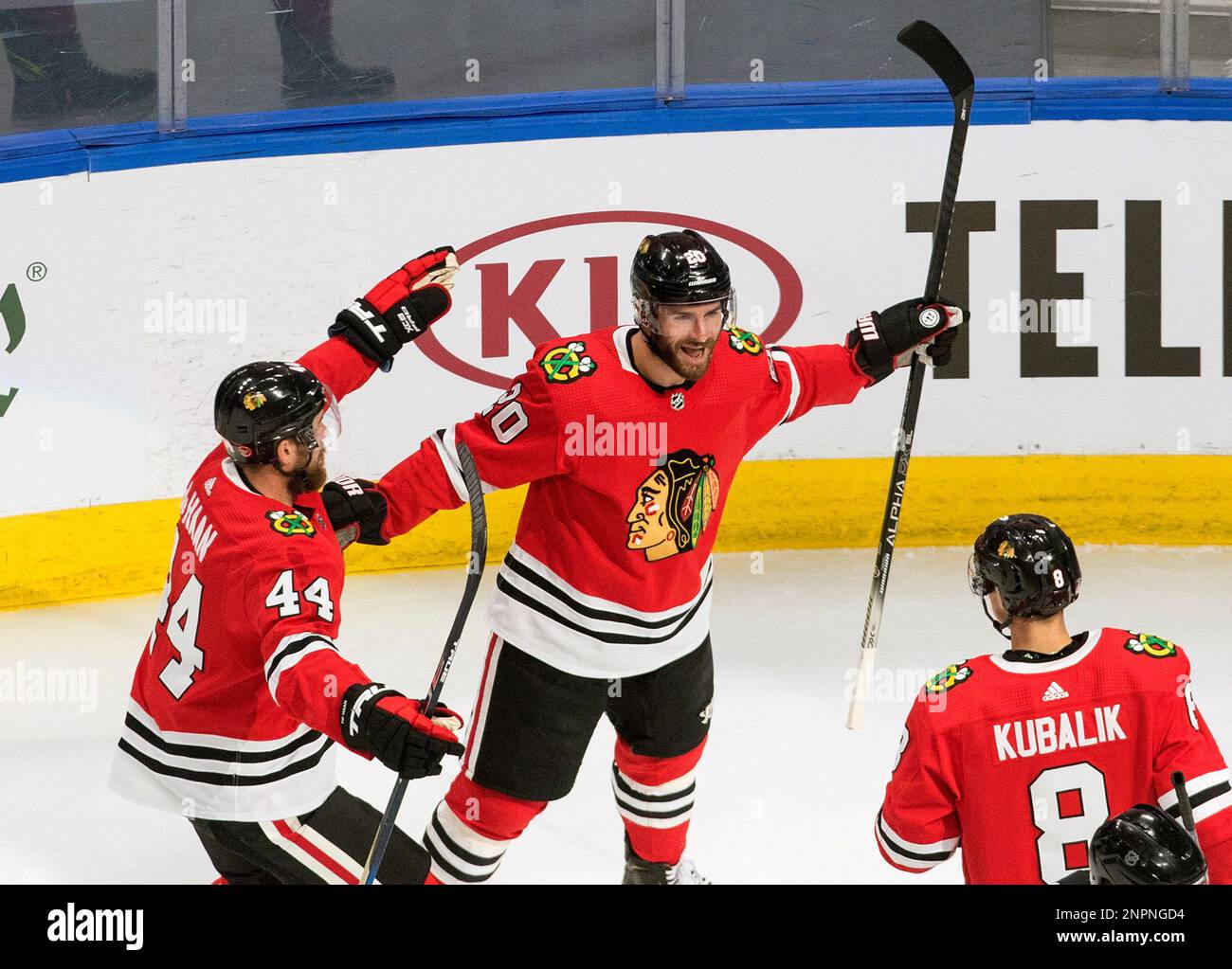 Chicago Blackhawks' Calvin de Haan (44), Brandon Saad (20) and Dominik ...