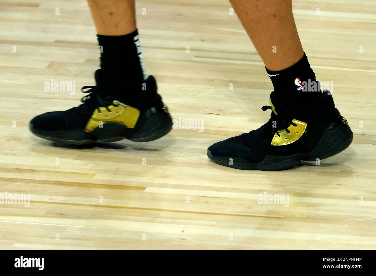 The shoes of San Antonio Spurs' Quinndary Weatherspoon are shown during ...