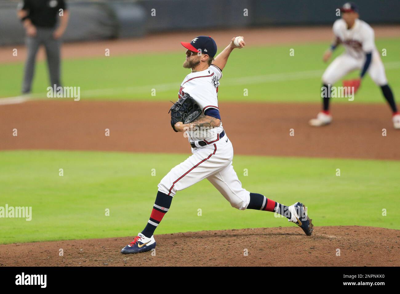 ATLANTA, GA - AUGUST 06: Shane Greene (19) of the Atlanta Braves throws ...