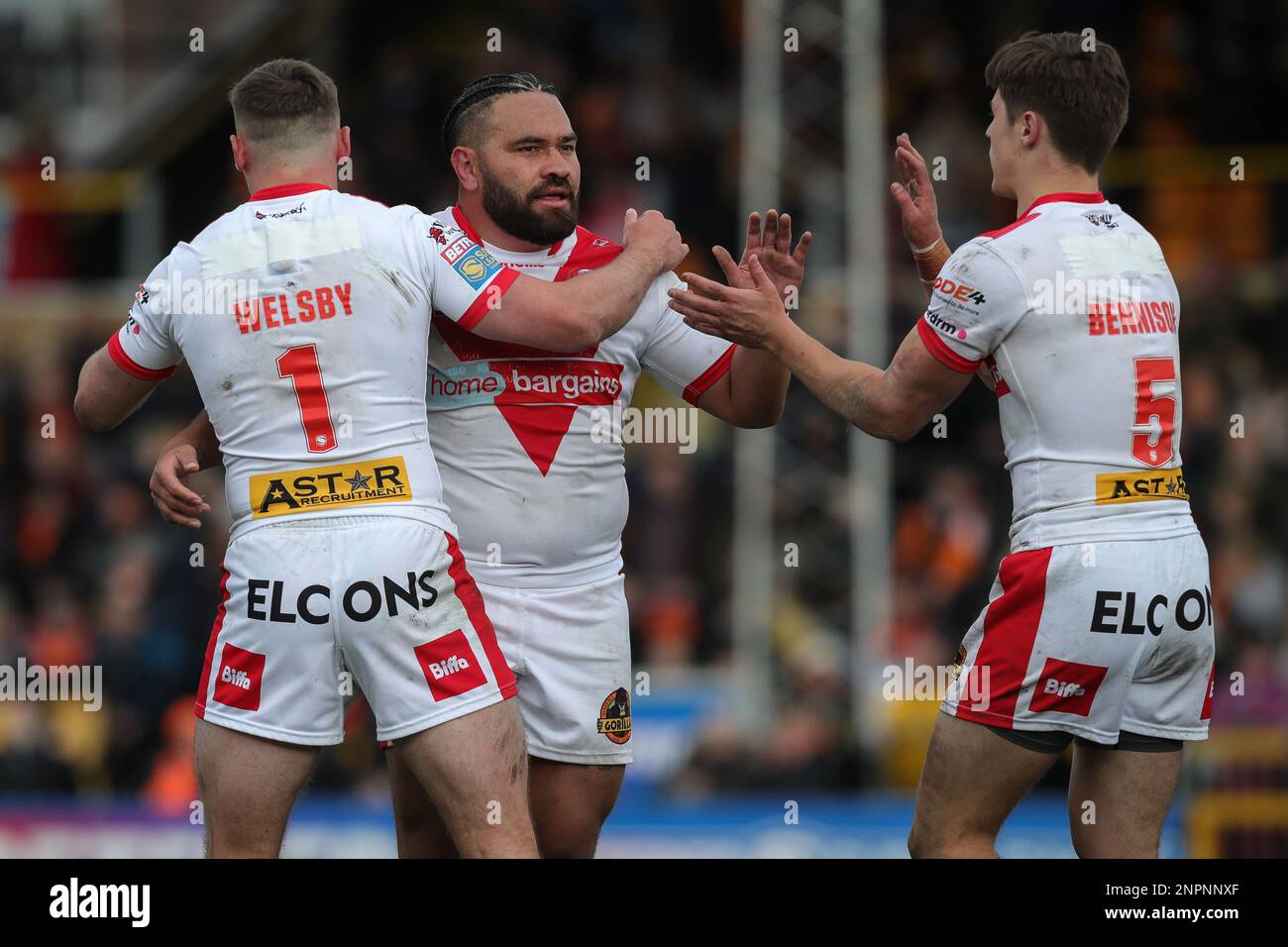 Konrad Hurrell #23 of St Helens celebrates the win with team mates Jack ...
