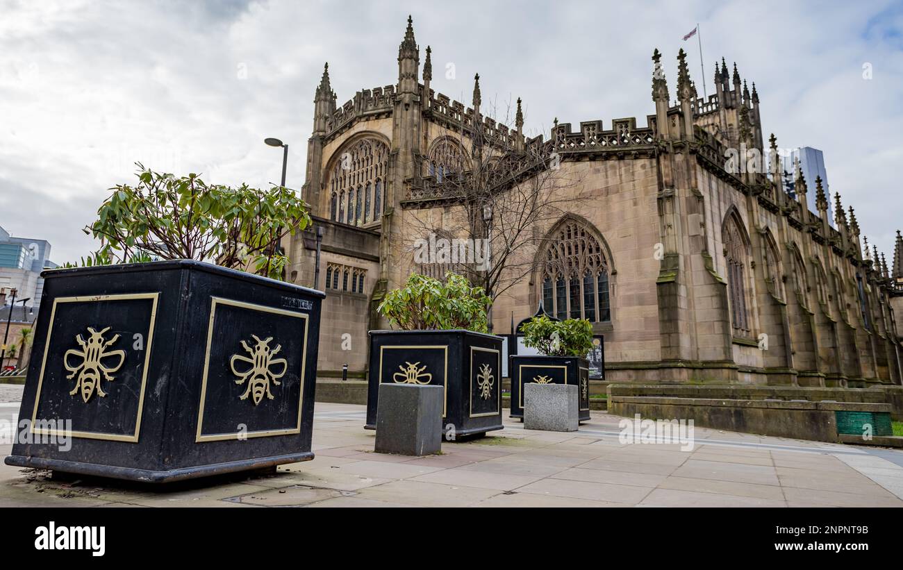 Bee symbols on flower boxes lead towards Manchester Cathedral in ...