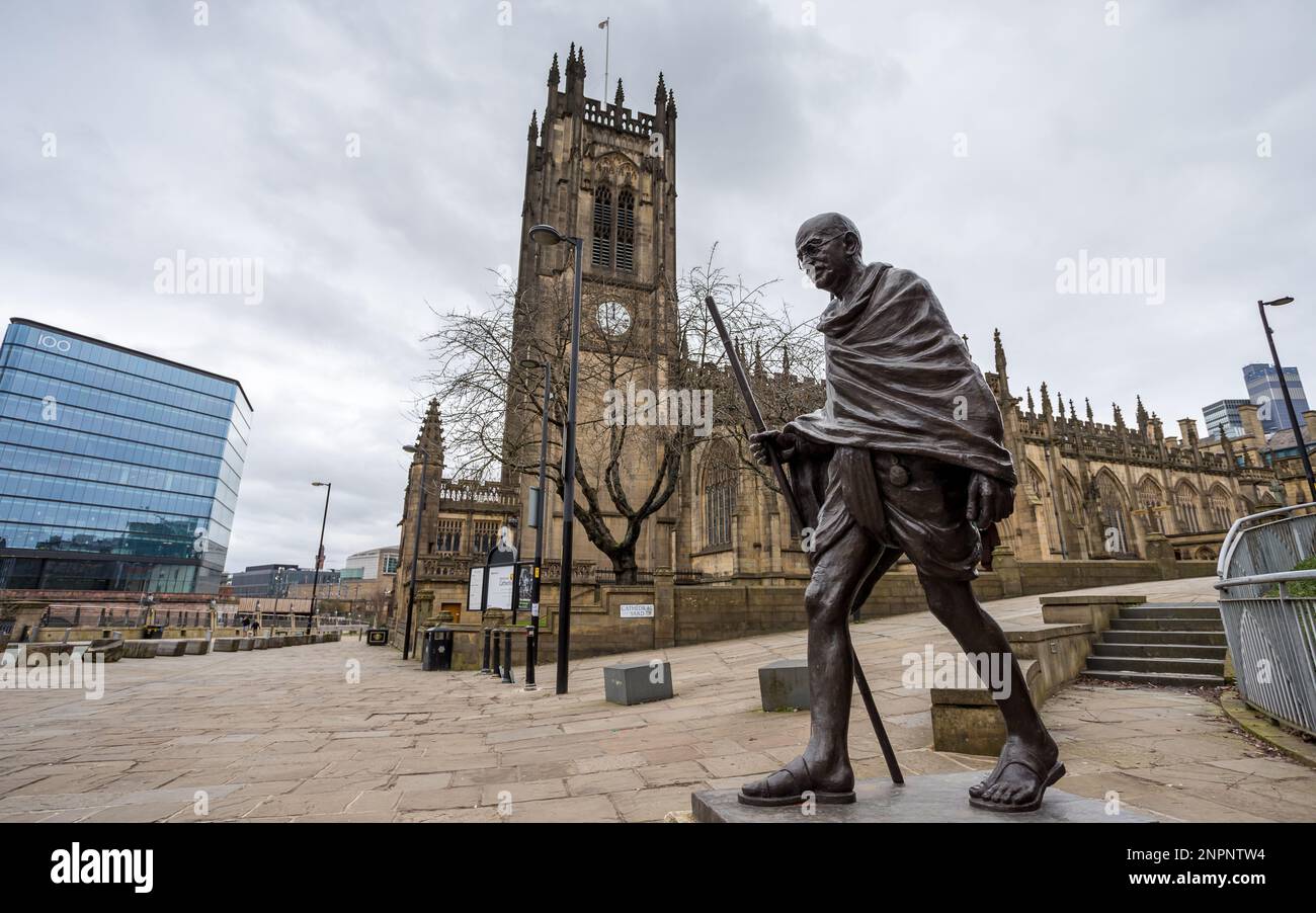 The Mahatma Gandhi Statue seen in front of Manchester Cathedral in ...