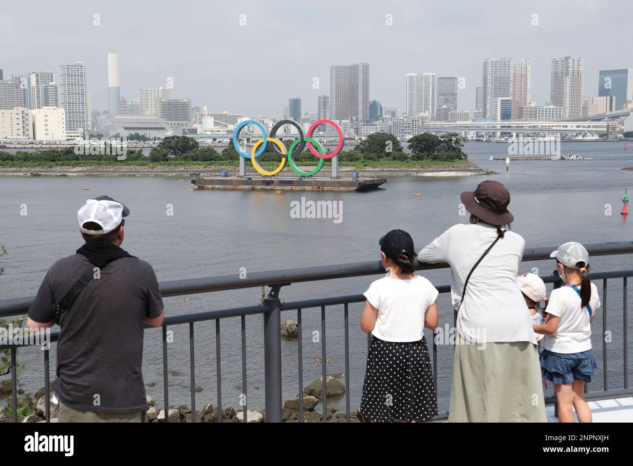 The five-ring Olympic emblem is displayed at Odaiba area in Tokyo on ...
