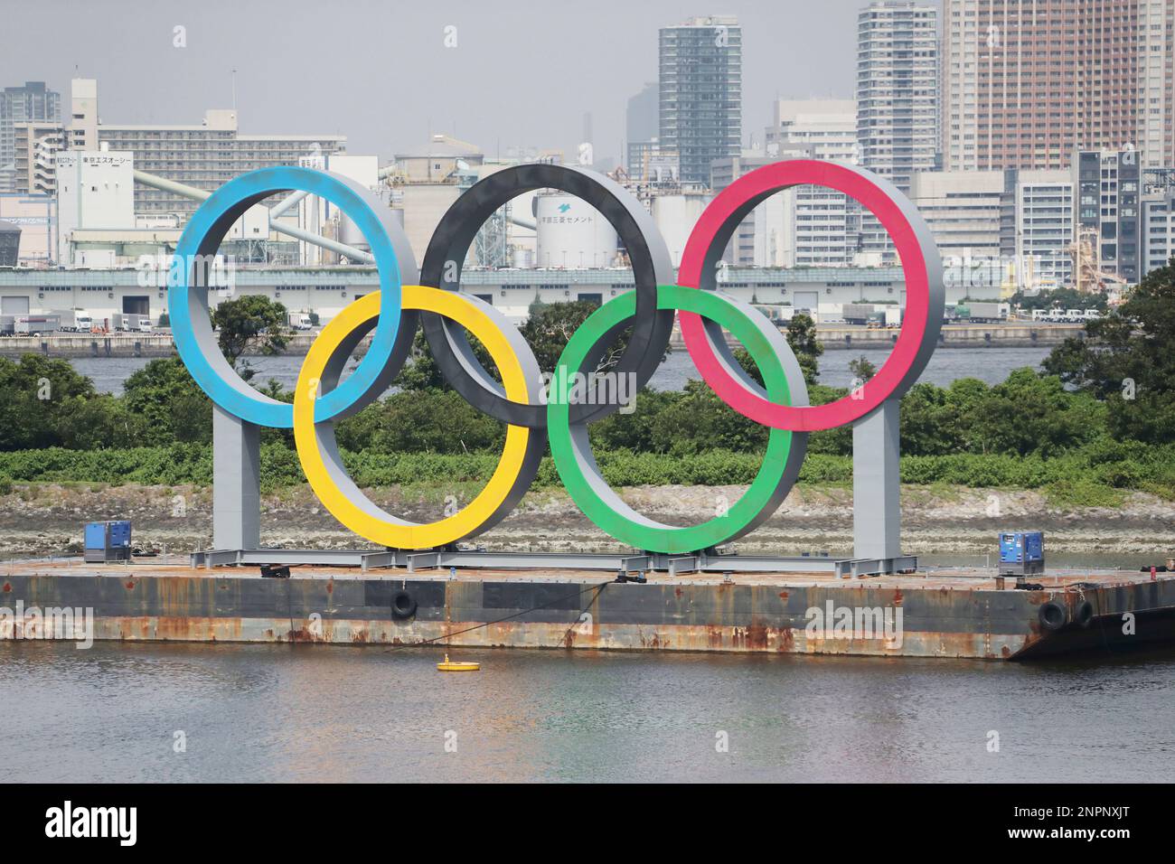The five-ring Olympic emblem is displayed at Odaiba area in Tokyo on ...