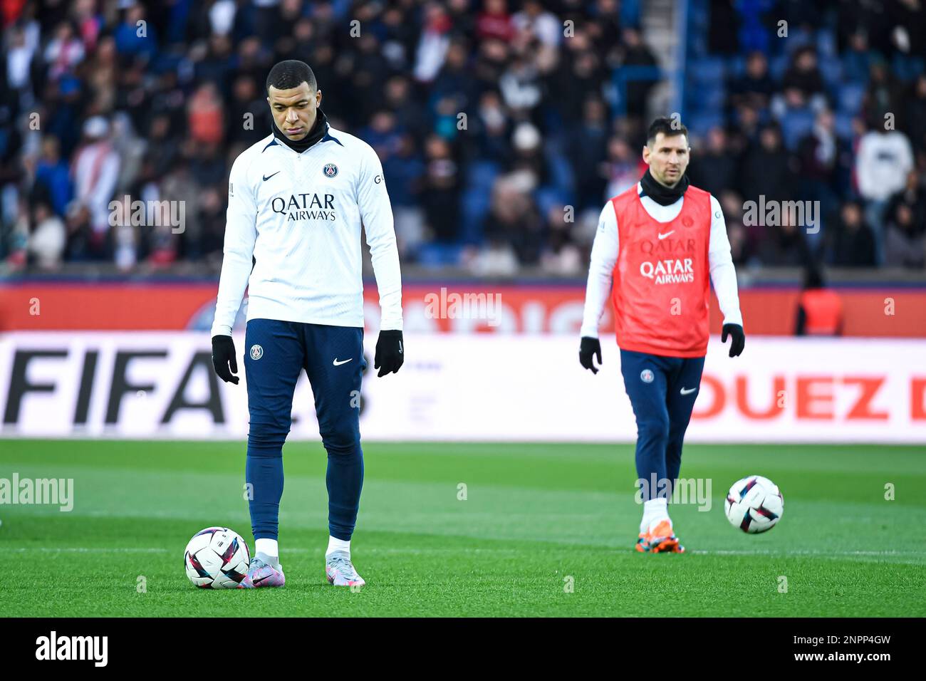 Kylian Mbappe and Lionel (Leo) Messi during the public training of the ...