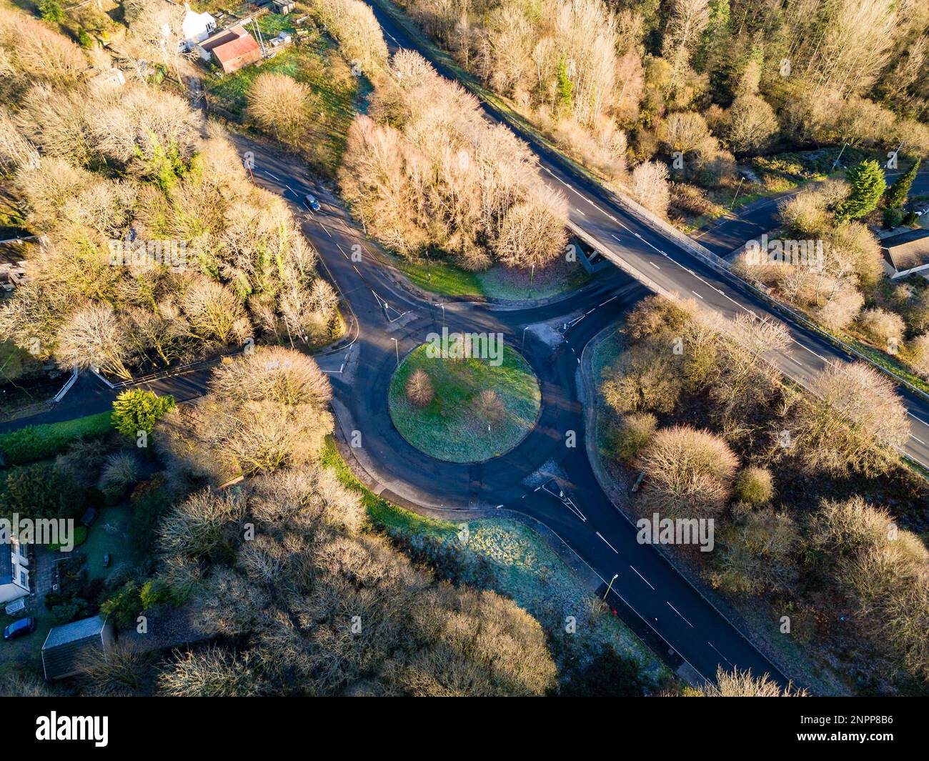 Aerial view of a roundabout (traffic circle) in winter Stock Photo - Alamy