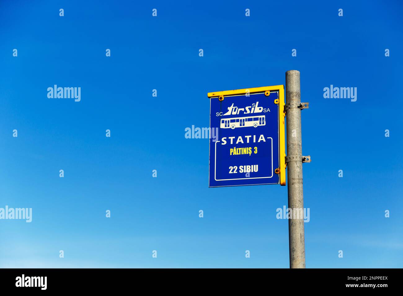 Sibiu, Romania - October, 8 2022: Bus stop road sign for touristic ...