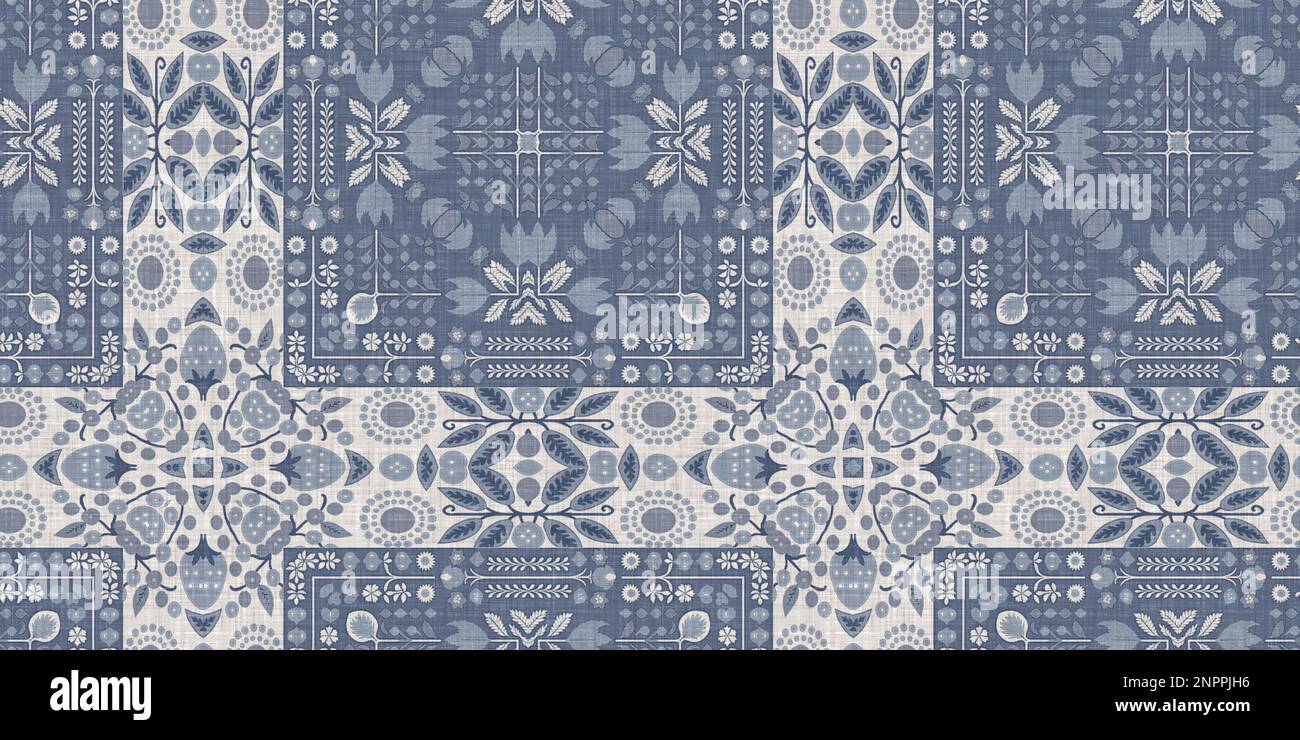 Farm house blue damask seamless border. Tonal french intricate cottage ...