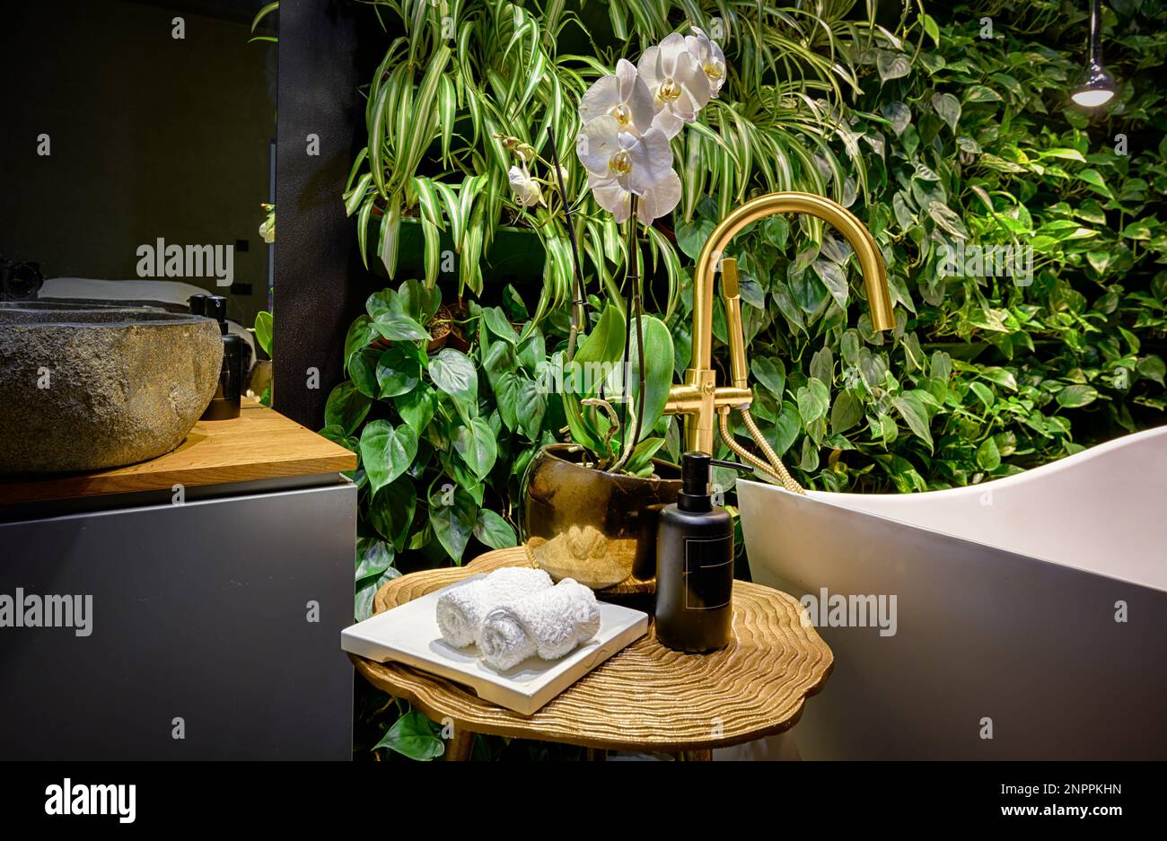 Luxury bathroom interior in spa with vertical garden, bath in modern beauty salon. Green plants ...