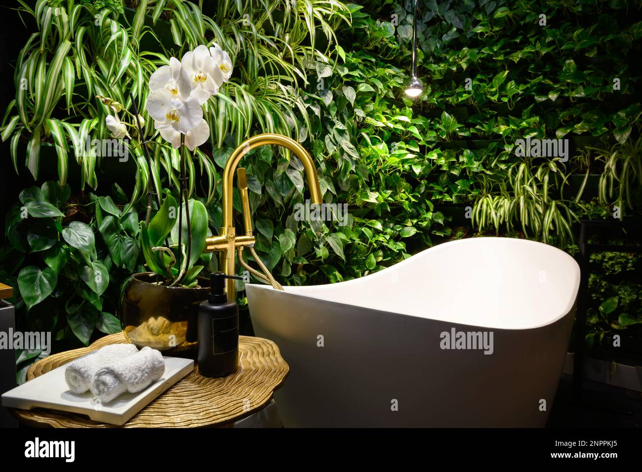 Bath in modern beauty salon, luxury bathroom interior in spa with vertical garden. Green plants ...