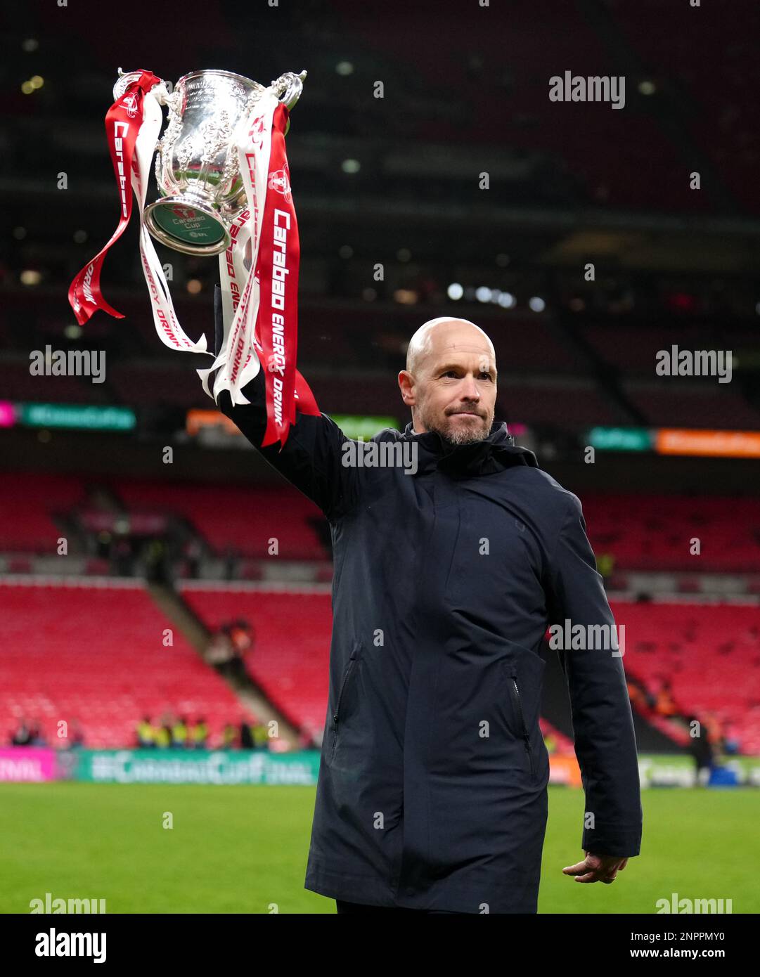 Manchester United Manager Erik Ten Hag Lifts The Trophy After Winning