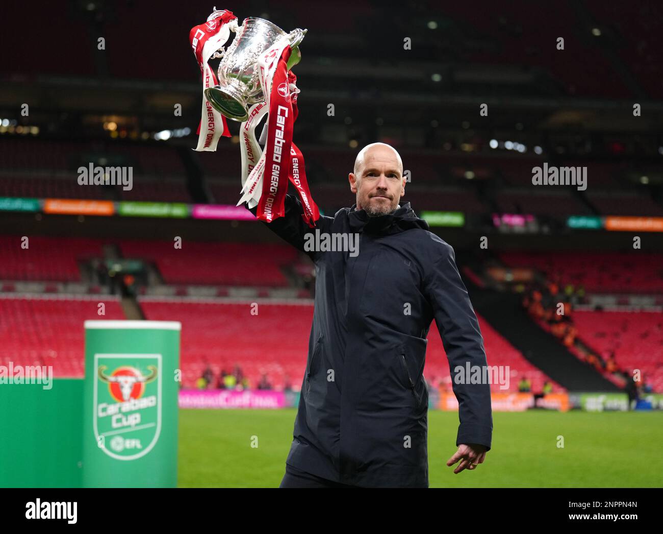 Manchester United Manager Erik Ten Hag Lifts The Trophy After Winning