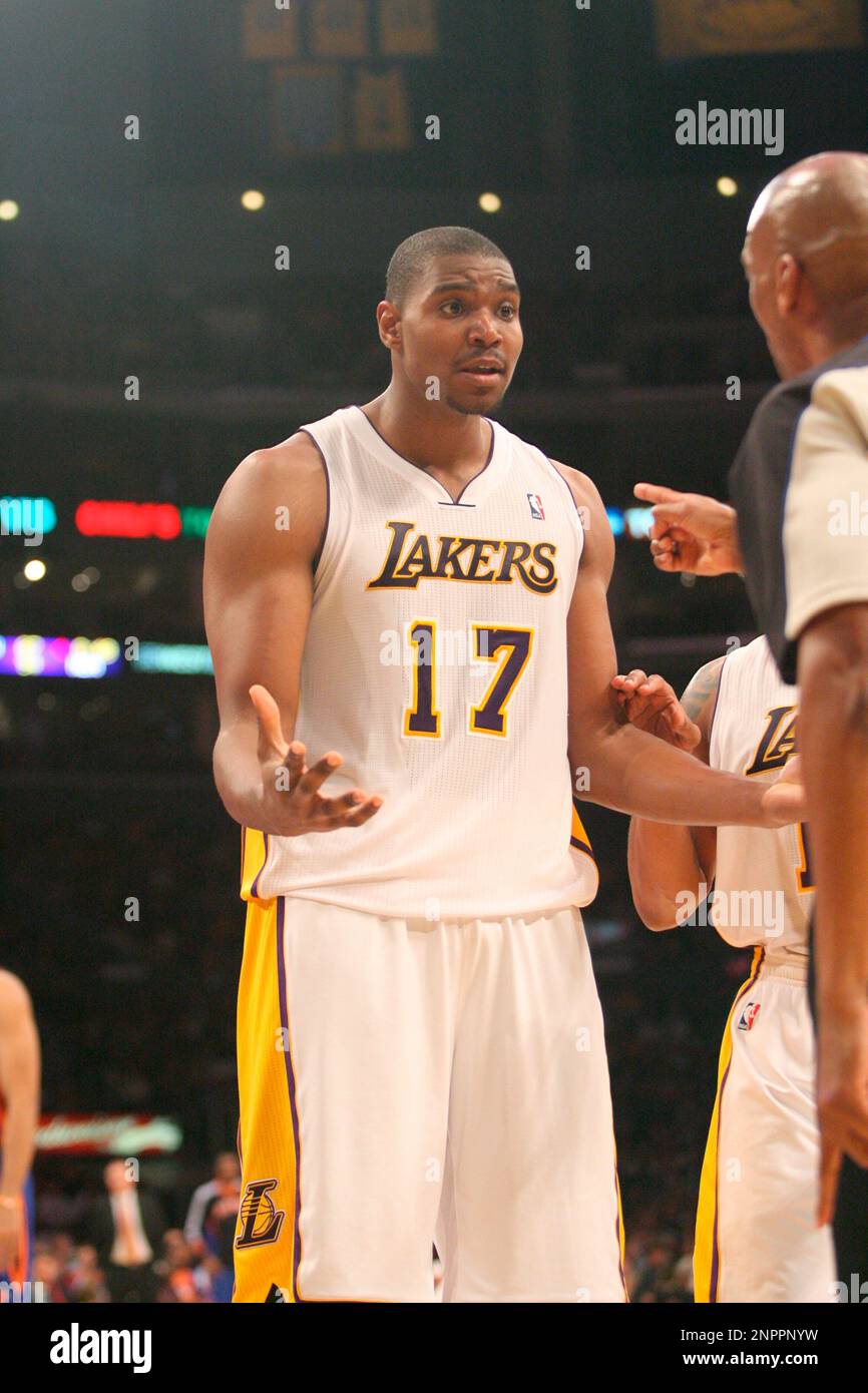 Los Angeles Lakers center Andrew Bynum (17) not happy with call against ...
