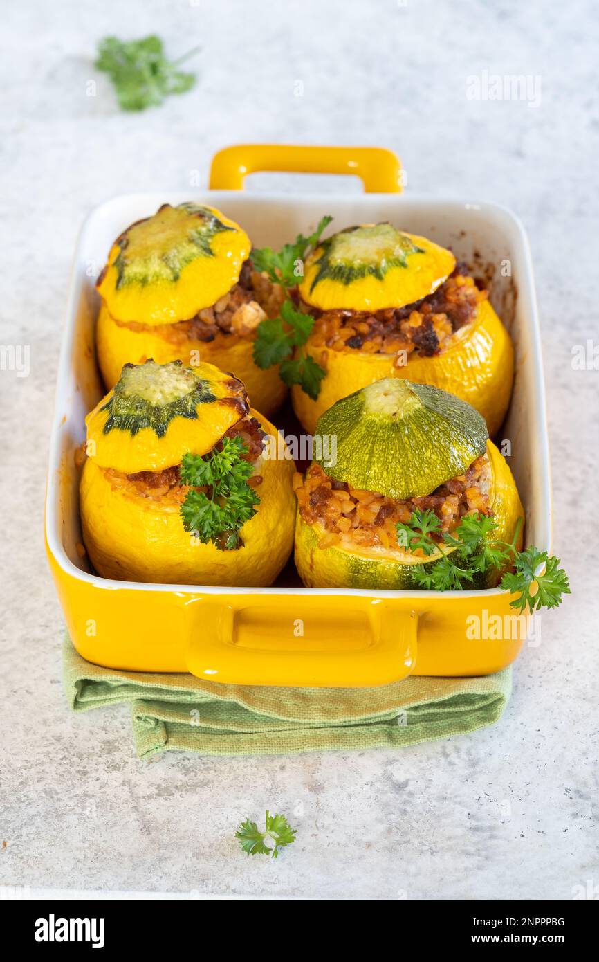 Eight-Ball zucchini stuffed with meat and bulgur Stock Photo - Alamy
