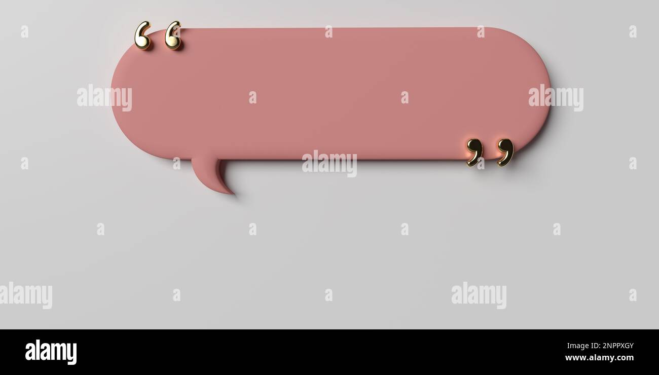 Blank long pink speech bubble with quote marks on white background ...