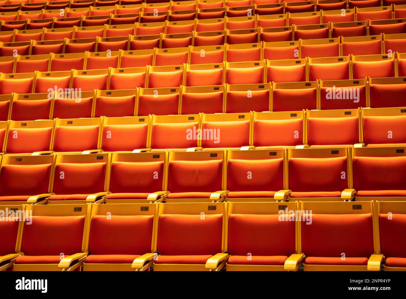 Rows of empty red velvet seats inside theater or concert hall Stock ...