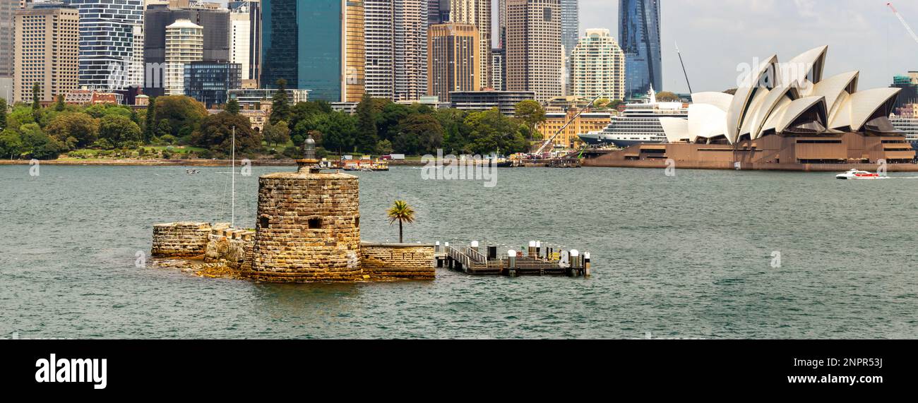 Fort Denison and Sydney Opera House along waterfront in Sydney Harbour ...
