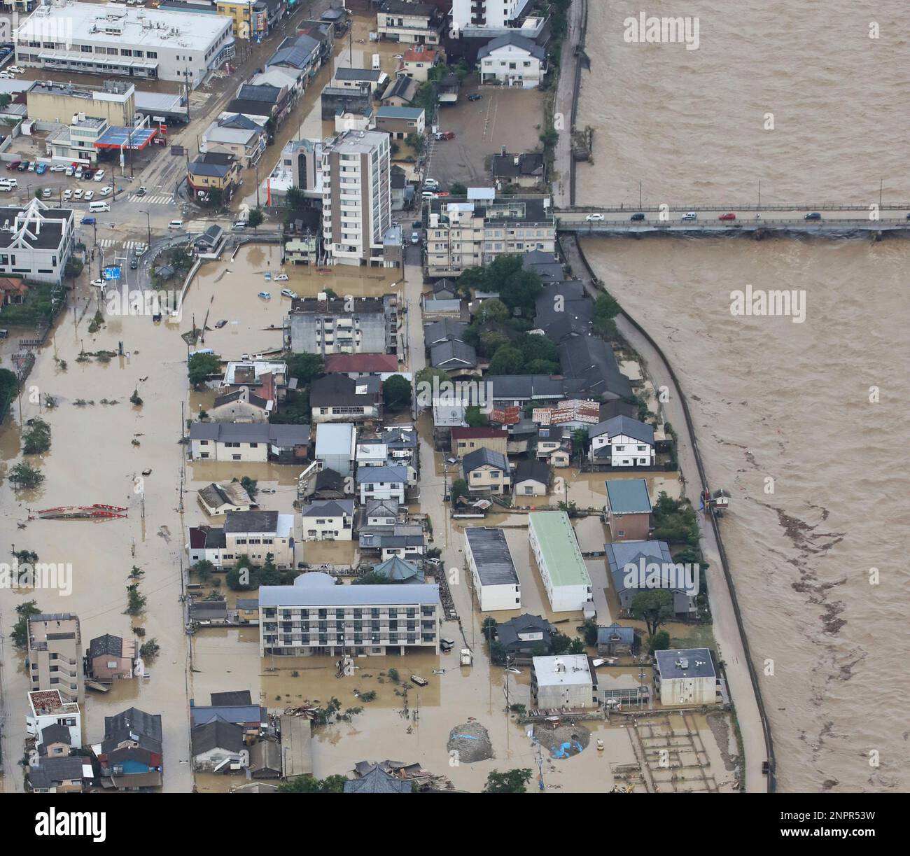 An aerial photo shows flood-damaged town in Hitoyoshi City, Kumamoto ...