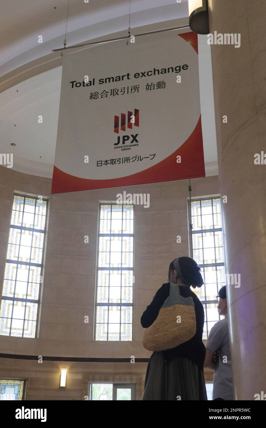 A tapestry is hung at Osaka Exchange in Osaka on July 27, 2020. Japan ...