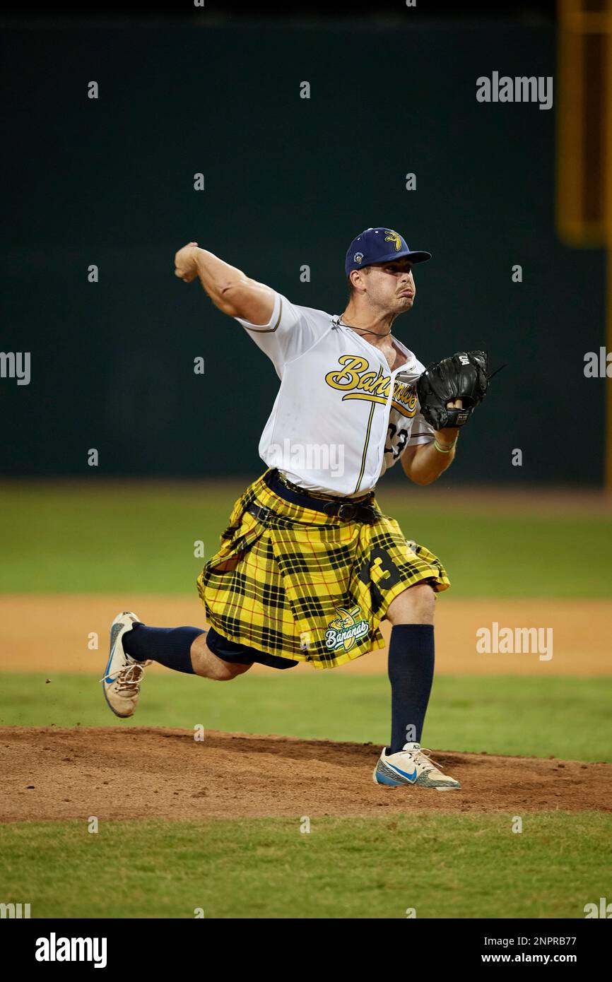 Savannah Bananas pitcher Nolan Daniel (33) during a Coastal Plain ...