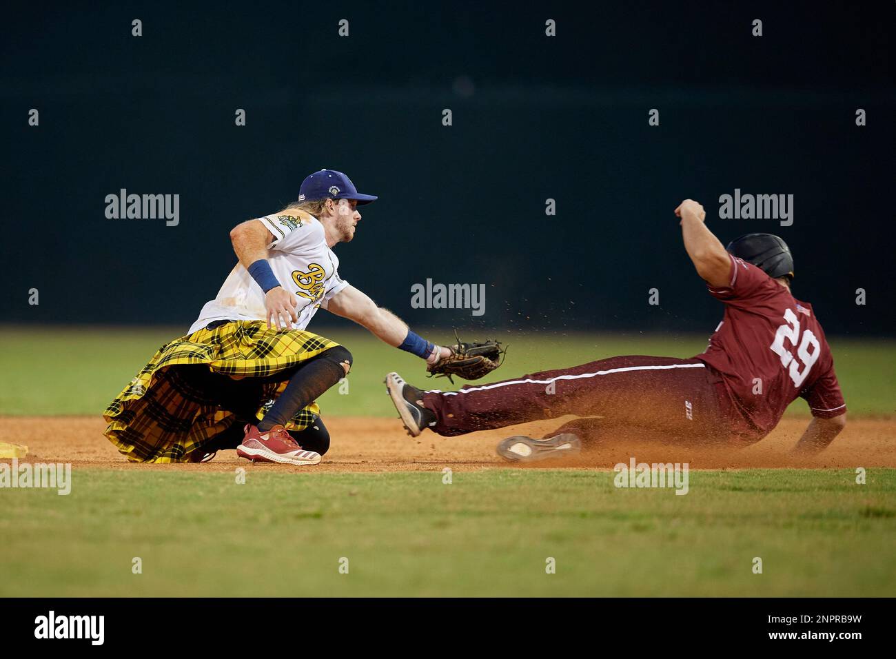 Savannah Bananas second baseman Kyler Marquis (3) tags Carson Crowe (29 ...