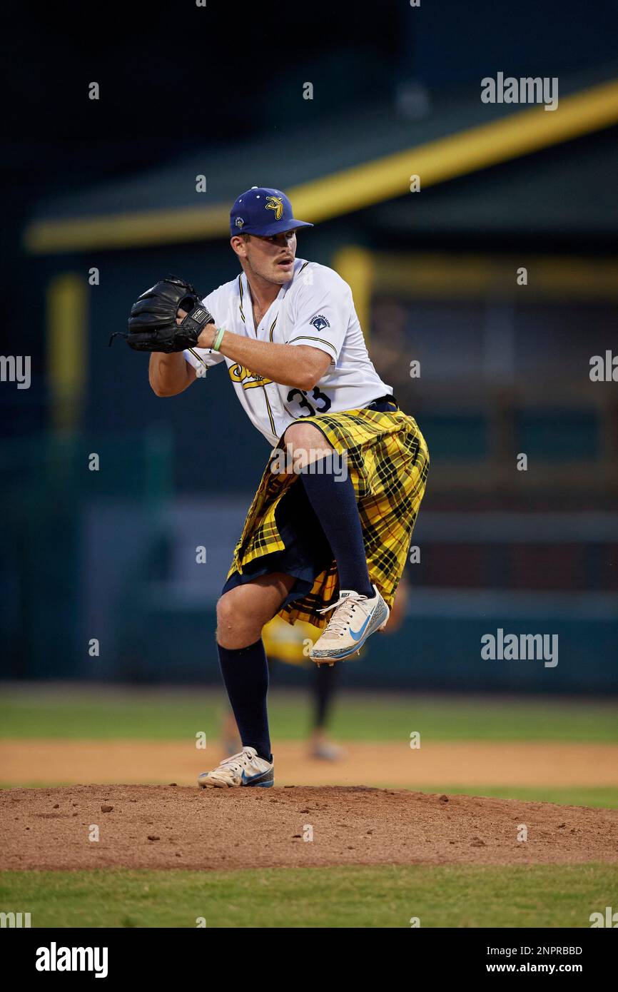 Savannah Bananas pitcher Nolan Daniel (33) during a Coastal Plain ...