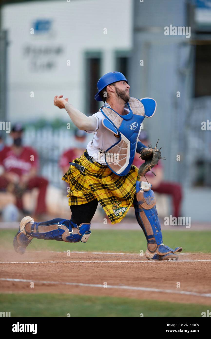 Savannah Bananas catcher Bill Leroy (1) throws down to second base ...