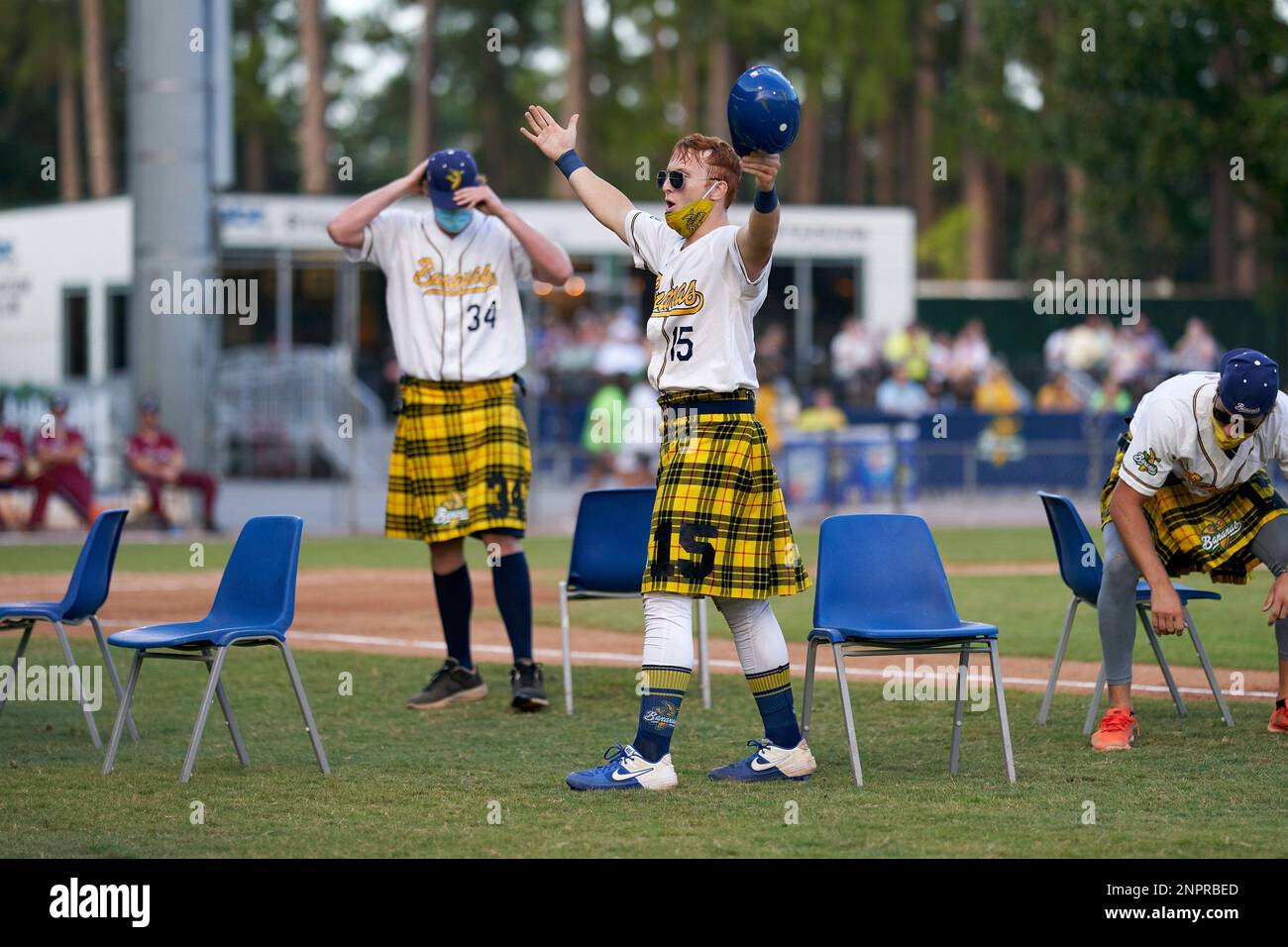 Savannah Bananas Nick Clarno (15) motions to the crowd for an on field ...