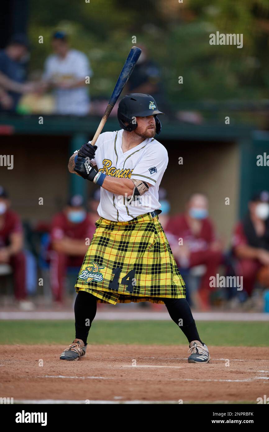 Savannah Bananas Logan Foster (14) bats during a Coastal Plain League ...