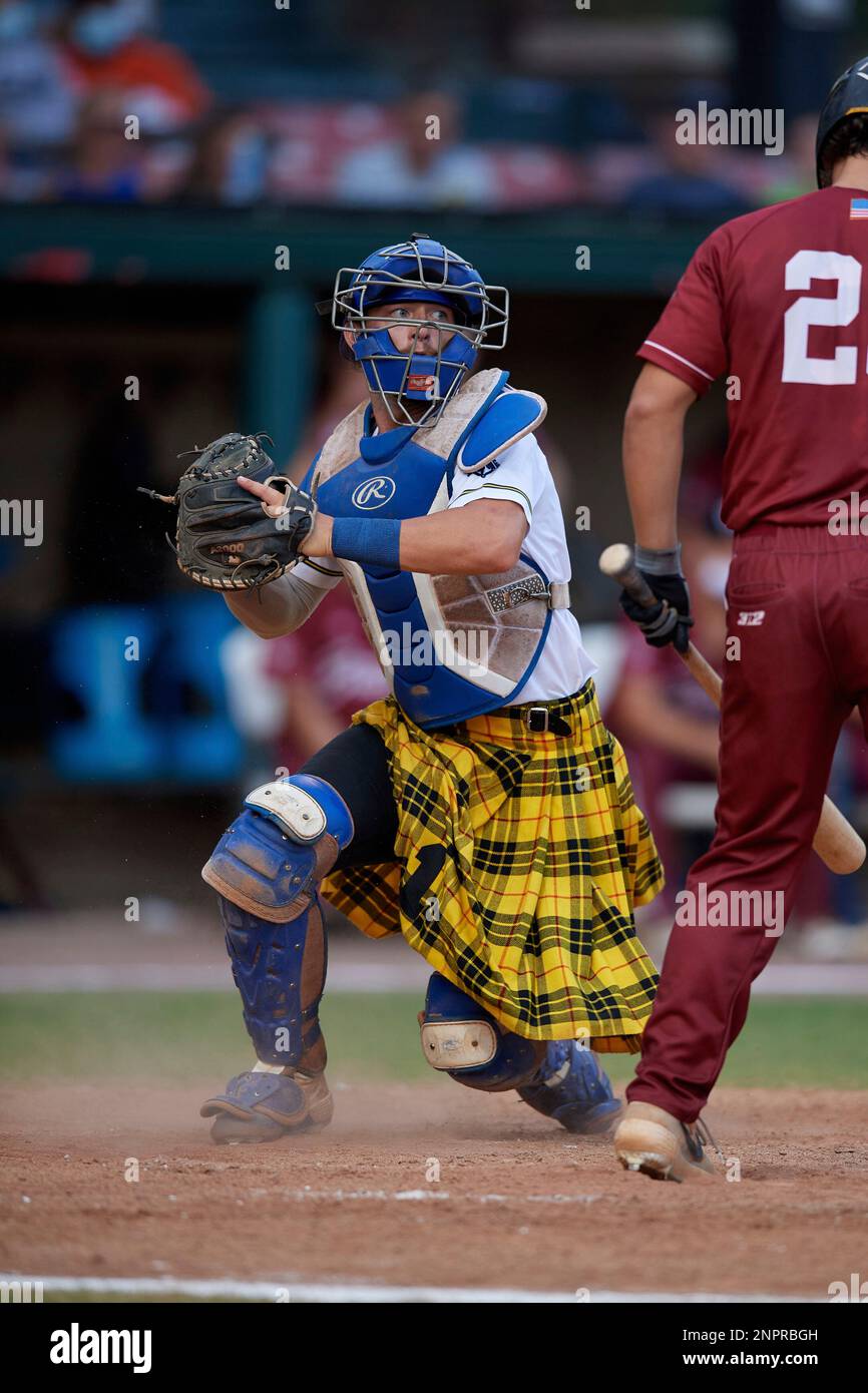 Savannah Bananas catcher Bill Leroy (1) checks the runner during a ...