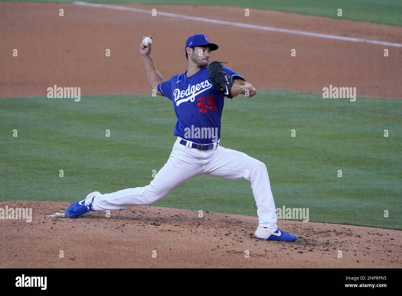 Los Angeles Dodgers pitcher Mitch White (66) delivers a pitch during a ...