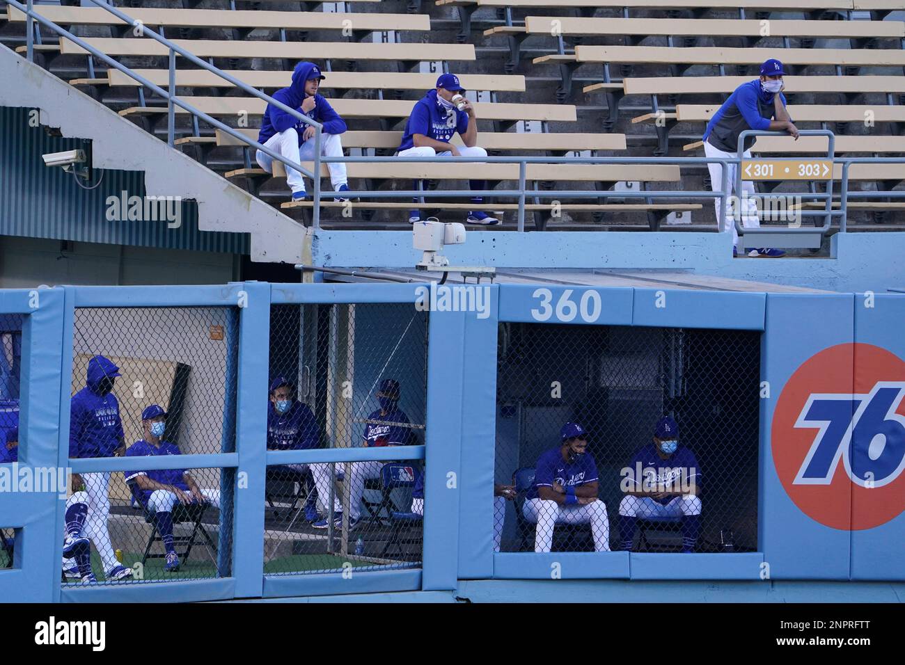 Los Angeles Dodgers pitchers watch from the left field pavilion stands ...