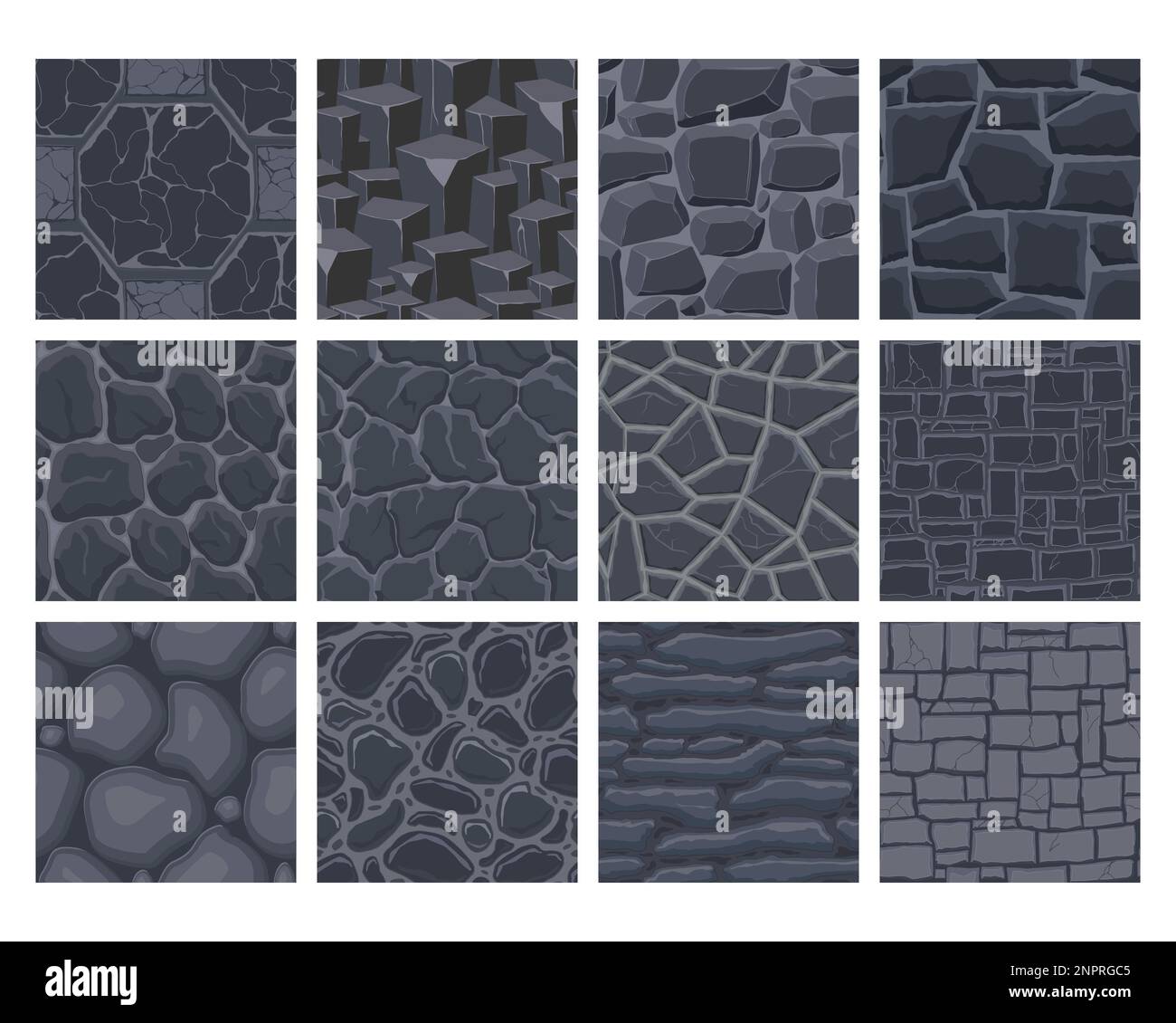 Cartoon game textures, rocks, dirt and ground surface seamless patterns ...
