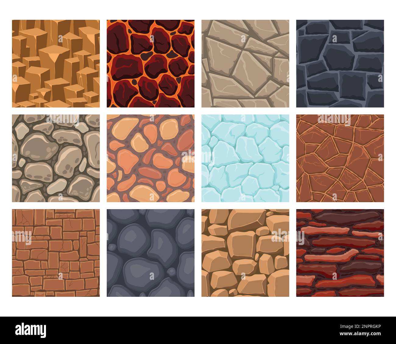 Cartoon game textures, lava, ice, rocks and brick, dirt and ground ...